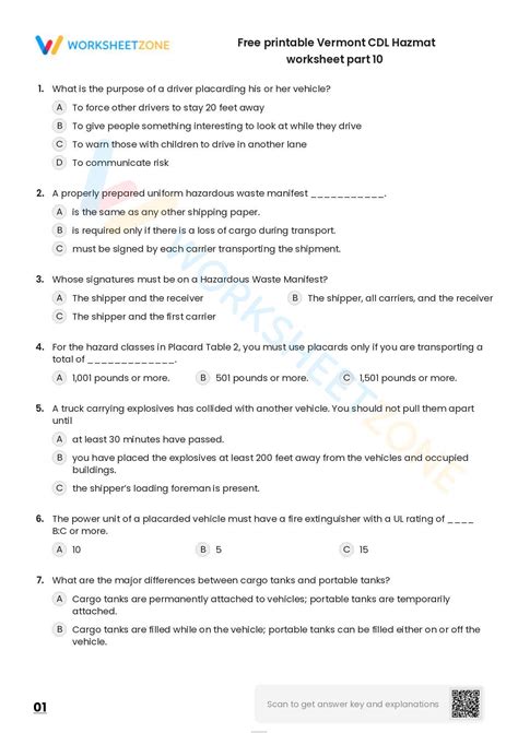 Free Printable Vermont Cdl Hazmat Worksheet Part 10