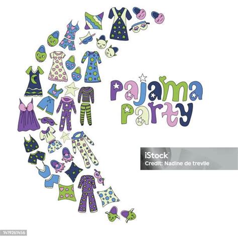 파자마 파티 초대장 벡터 템플릿 아이들을위한 잠자는 파티 재미있는 잠옷과 잠옷 세트 선형 낙서 스타일로 손으로 그린 요소의 벡터
