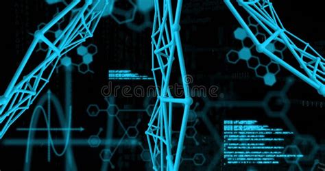 Animation Of Digital Dna Strands And Hexagonal Patterns On Scientific Data Interface Stock