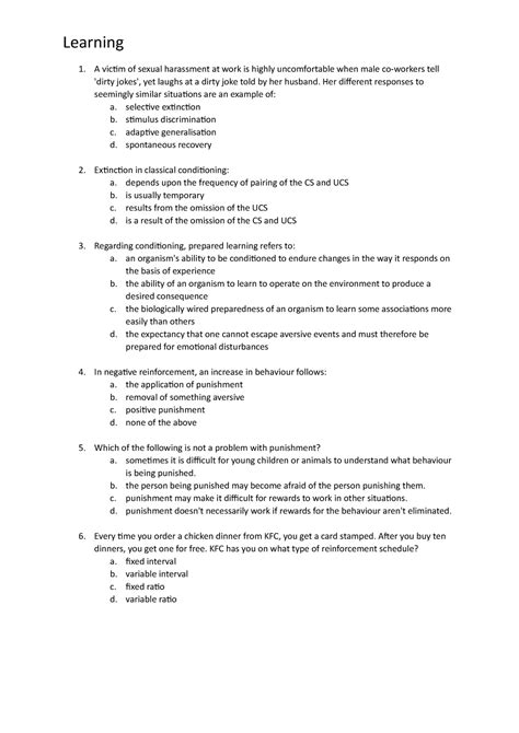 Multiple Choice Questions Learning Learning A Victim Of Sexual Harassment At Work Is Highly