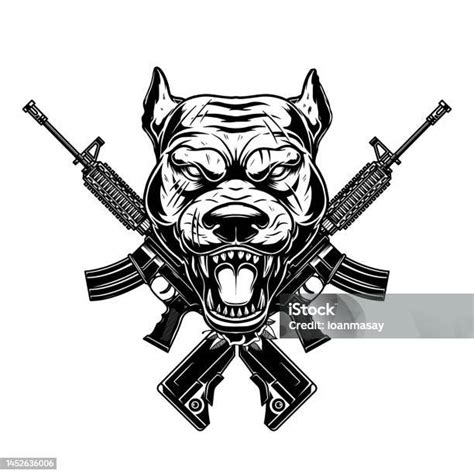 교차 돌격 소총을 가진 화난 개 머리 포스터 엠블럼 기호에 대한 디자인 요소 벡터 그림 배럴에 대한 스톡 벡터 아트 및 기타