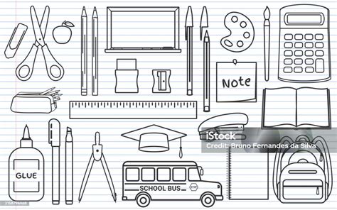 학용품 공책 종이 배경에 윤곽선에 있는 다양 한 검정 아이콘 펜 연필 배낭 가위 나침반 지우개 깎기 칠판 계산기 스쿨 버스 등 그리기에 대한 스톡 벡터 아트 및 기타 이미지