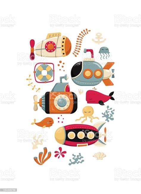 잠수함과 해양 거주자 채색 인쇄 직물 섬유 엽서용으로 설계되었습니다 마린 프린트 잠수함 벡터 일러스트레이션 잠수함에 대한 스톡