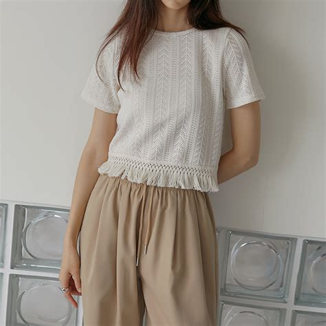 레스토 스카시 태슬 12 티 봄여름반팔반팔티펀칭프린지세미크롭에스닉빈티지