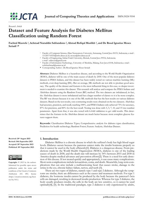 PDF Dataset And Feature Analysis For Diabetes Mellitus Classification Using Random Forest
