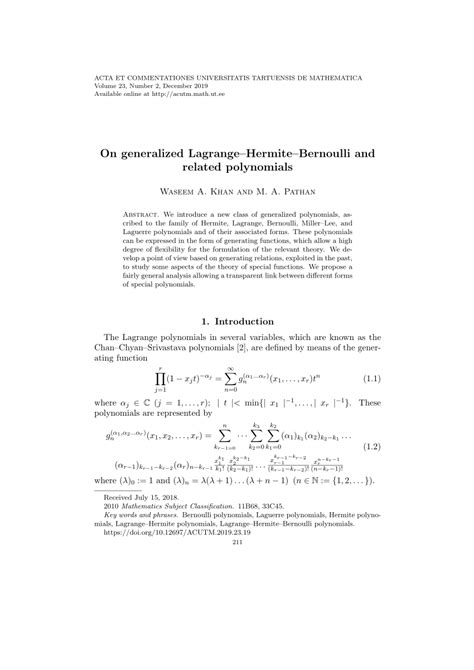 Pdf On Generalized Lagrange Hermite Bernoulli And Related Polynomials