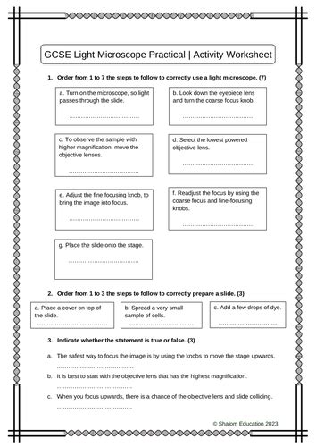 Gcse Biology Required Practical Using A Light Microscope Activity Worksheet Teaching Resources