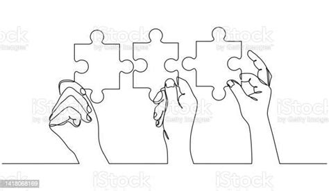 네 개의 퍼즐 조각을 해결하는 손의 연속 선 그리기 비즈니스 팀워크와 퍼즐과의 통합의 개념 흰색 배경에 고립 된 두 명의 사업가의 팀워크 및 파트너십 개념 비즈니스에 대한