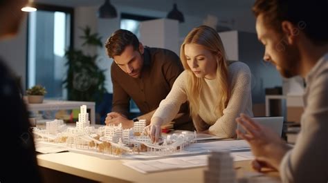 건축가들은 현대적이고 편안한 사무실 환경에서 청사진과 3d 인쇄 건물 모델을 공동 작업하고 있습니다 건축 프로젝트 건축가 디자이너 작업 배경 일러스트 및 사진 무료