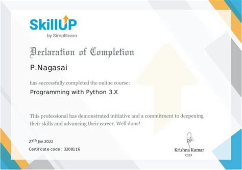 Completion Of Python 3x Course On Simplilearn Palaparthi Naga Sai