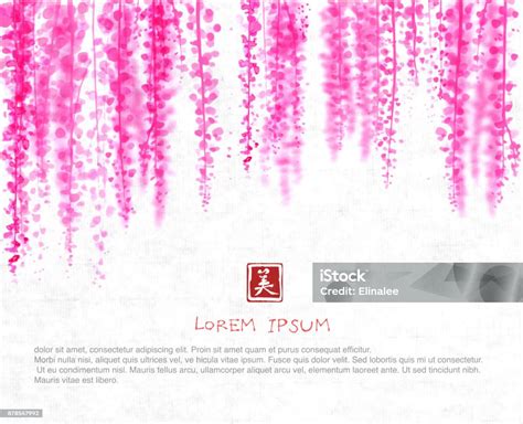 등나무 꽃 흰 쌀 종이 바탕에 핑크 전통적인 동양 잉크 그림 Sumie U죄가 화 상형 문자아름다움을 포함 꽃 식물에 대한 스톡