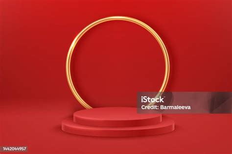 두 개의 빨간색 둥근 연단과 원 모양의 황금색 장식 시상식 개념입니다 원통형 연단이 있는 추상 장면 0명에 대한 스톡 벡터 아트