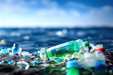 3d 렌더링 문제 플라스틱 병과 바다에 떠 있는 미세 플라스틱 프리미엄 사진