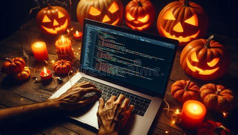 Halloween Coding Session With Jackolanterns Stock Illustration