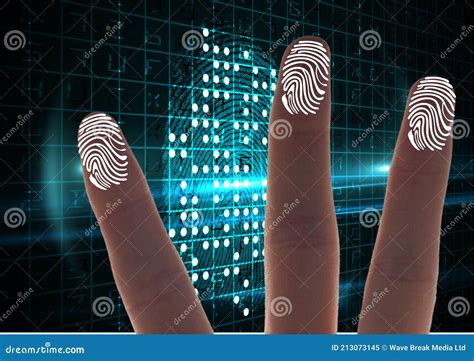 Human Fingers Scanning Over Biometric Scanner Against Cyber Security Data Processing Stock Image