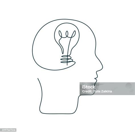 실루엣 인간의 머리 와 전구 상징 Symbol 하나의 연속된 선으로 그립니다 한 줄 사고 개념 사업 개념 간단한 미니멀리즘 벡터 일러스트레이션입니다 흰색 배경에 아이콘입니다