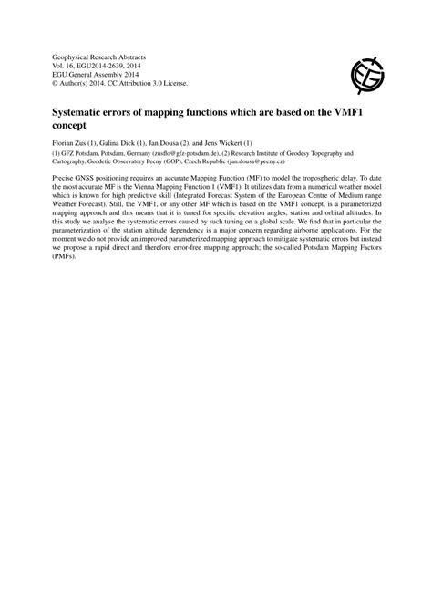 Pdf Systematic Errors Of Mapping Functions Which Are Based On The Vmf1 Concept