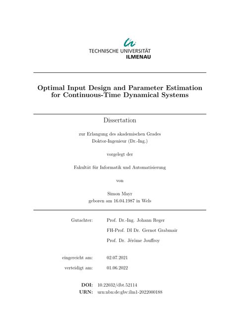 Pdf Optimal Input Design And Parameter Estimation For Continuous Time