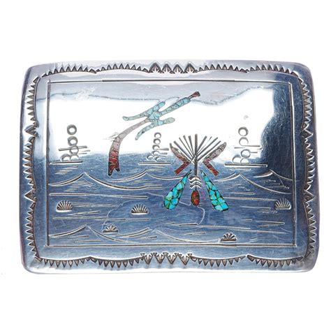1970s Roy Vandever Navajo Sterling Chip Inlay Teepee Peyote Bird Belt