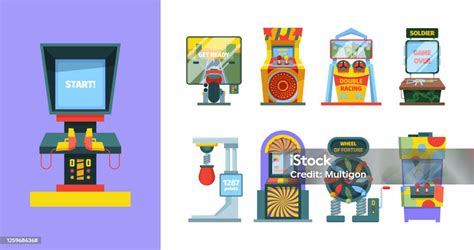 게임 아케이드 기계 세트 조이스틱 화면 레이저 권총 결투 다채로운 엔터테인먼트 복고풍 콘솔 과 전자 게임 기계 강도 행운을 확인 고정 장치 벡터 컨트롤러 아케이드에 대한
