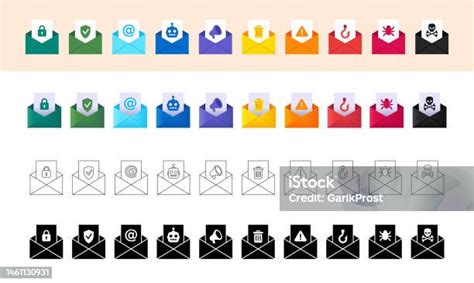 다양한 스타일의 안전한 보호에서 위험한 바이러스에 이르기까지 편지 이메일 옵션이 있는 큰 봉투 설정 벡터 일러스트레이션 사기꾼에 대한 스톡 벡터 아트 및 기타 이미지