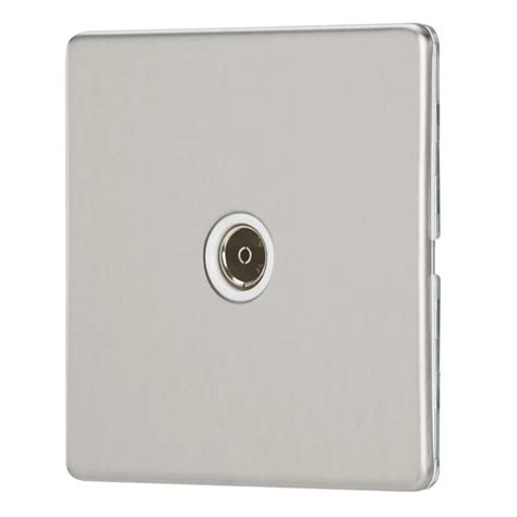 Contactum Lyric 1 Gang Isolated Female Coaxial TV Socket Brushed Steel With White Inserts Screwfix