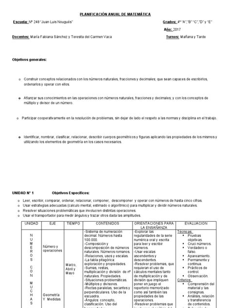 Planificación Anual De Matemática 2017 Pdf Números Decimal
