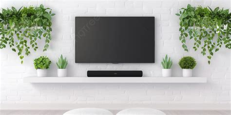 거실의 흰색 벽에는 식물이 있는 장식 선반 위에 매끄러운 검정색 사운드바와 Tv가 걸려 있습니다 Tv 거실 실내 배경 일러스트 및 사진 무료 다운로드 Pngtree