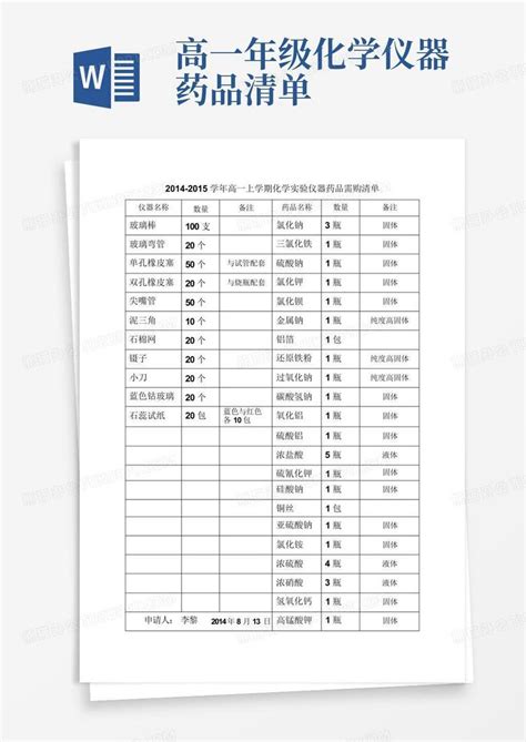 高一年级化学仪器药品清单word模板下载 编号lbekejnw 熊猫办公