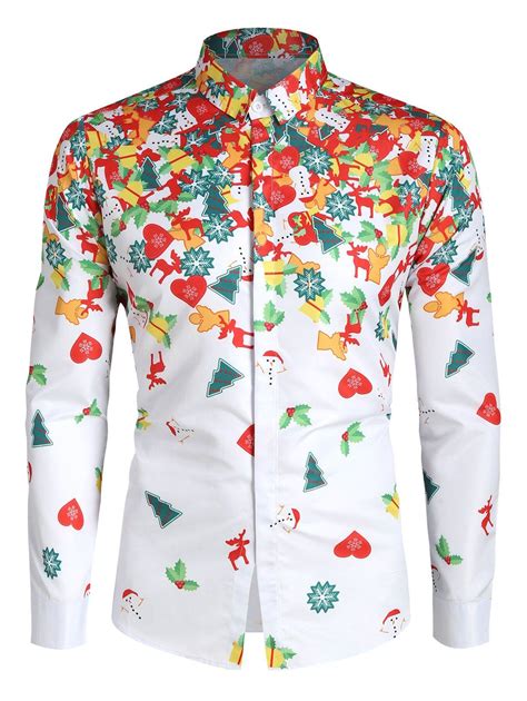37 Off 2021 Christmas Printed Casual Long Sleeves Shirt In White Dresslily