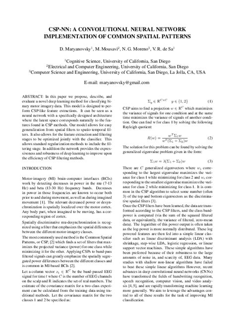 Pdf Csp Nn A Convolutional Neural Network Implementation Of Common Spatial Patterns