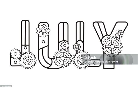 7월의 달은 기어와 메커니즘의 편지로 쓰여집니다 환상적인 색칠 공부 책을위한 벡터 손으로 그린 일러스트레이션 스팀펑크 스타일의 칠월 7월에 대한 스톡 벡터 아트 및 기타