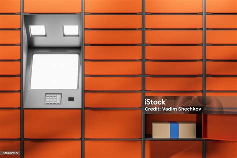 소포를 수령하기위한 자동 소포 터미널 셀프 서비스 터미널 모의 를 위한 빈 흰색 화면 주문을 받기 위해 열린 문이있는 소포를