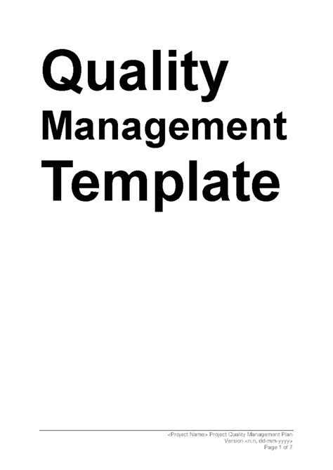 Quality Management Plan Template Project Quality Management Plan
