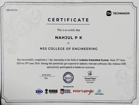 successfully completed a 7 day internship in arduino embedded systems at techmaghi from 23rd to
