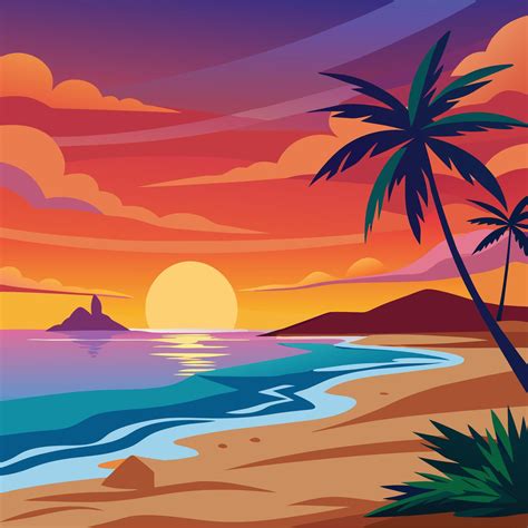 A Flat Illustration Of A Sunset On The Beach 57688073 Vector Art At