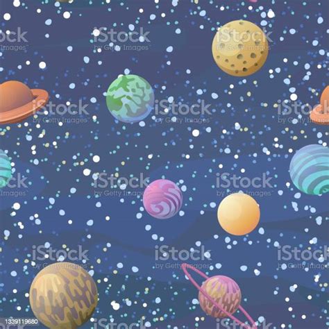 코스모스 배경 행성과 위성 매끄러운 패턴 어린이 일러스트레이션 별이 빛나는 하늘 풍경 플랫 스타일 만화 디자인 벡터 과학에 대한 스톡 벡터 아트 및 기타 이미지 Istock