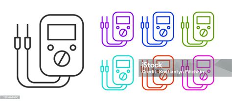 검은 색 라인 암페어 미터 멀티 미터 흰색 배경에 격리 볼트계 아이콘 전류 측정을 위한 계측기 다채로운 아이콘을 설정합니다 벡터