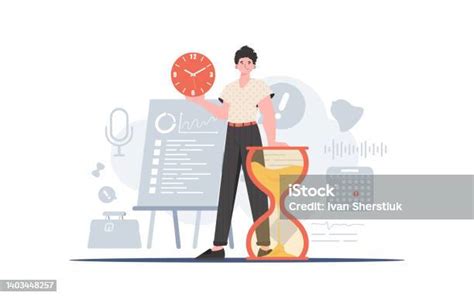 한 남자가 모래시계 옆에서 자신의 전체 높이에 서 있습니다 시간 관리 프레젠테이션을 위한 요소 가득 찬에 대한 스톡 벡터 아트 및 기타 이미지 Istock