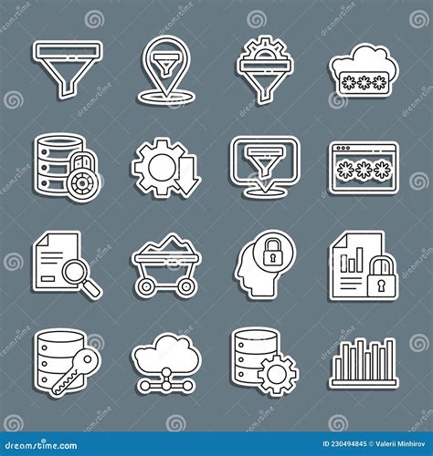 Set Line Pie Chart Infographic Document And Lock Password Protection Sales Funnel With Gear