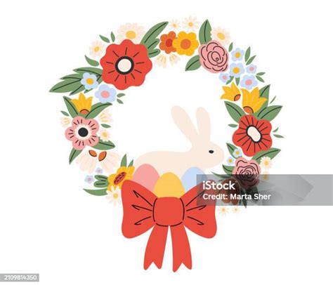 꽃 요소 활 귀여운 흰 토끼 및 달걀이 있는 부활절 화환 봄 방학 평평한 손으로 그린 스타일의 벡터 일러스트 레이 션 0명에 대한 스톡 벡터 아트 및 기타 이미지 Istock