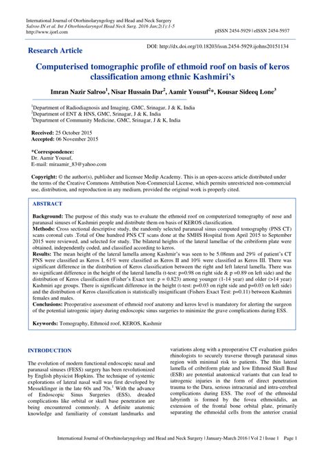 Pdf Computerised Tomographic Profile Of Ethmoid Roof On Basis Of Keros Classification Among