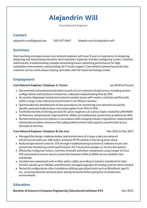Core Network Engineer Resume Cv Example And Writing Guide