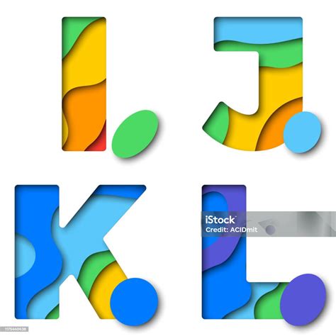 인사말 카드 포스터 초대장 브로셔에 대한 사실적인 다색 종이 컷 레이어로 채워진 문자 I J K L의 집합 수집에 대한 스톡 벡터 아트 및 기타 이미지 Istock