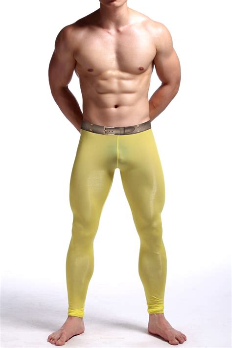 Mens Smooth Underwear Long Pants Tight Fit Pants Basic Bulge Pouch