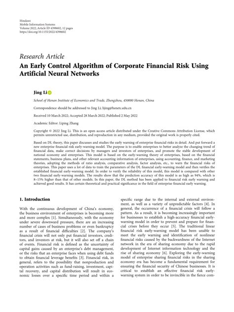Pdf An Early Control Algorithm Of Corporate Financial Risk Using Artificial Neural Networks