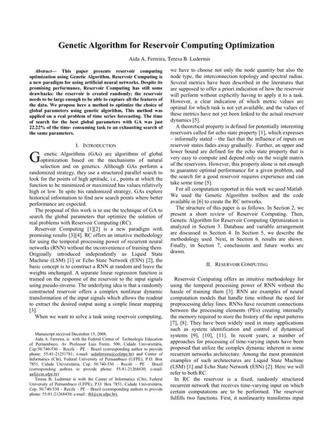 Pdf Genetic Algorithm For Reservoir Computing Optimization