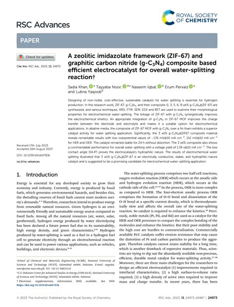 Pdf A Zeolitic Imidazolate Framework Zif 67 And Graphitic Carbon Nitride G C3n4 Composite