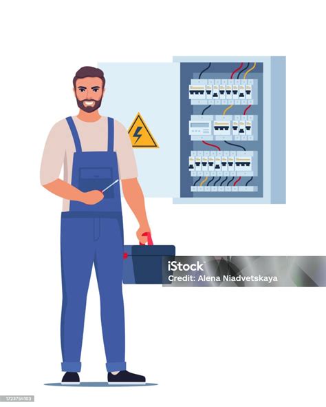 전기 기술자는 전기 배전반을 점검하고 수리합니다 주택 수리공 전기 안전 개념 벡터 그림입니다 전기공에 대한 스톡 벡터 아트 및 기타 이미지 Istock