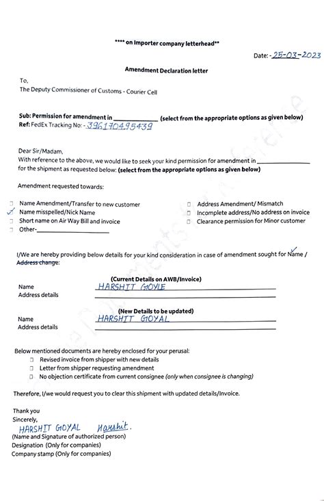 Amendment Declaration Letter On Importer Company Letterhead